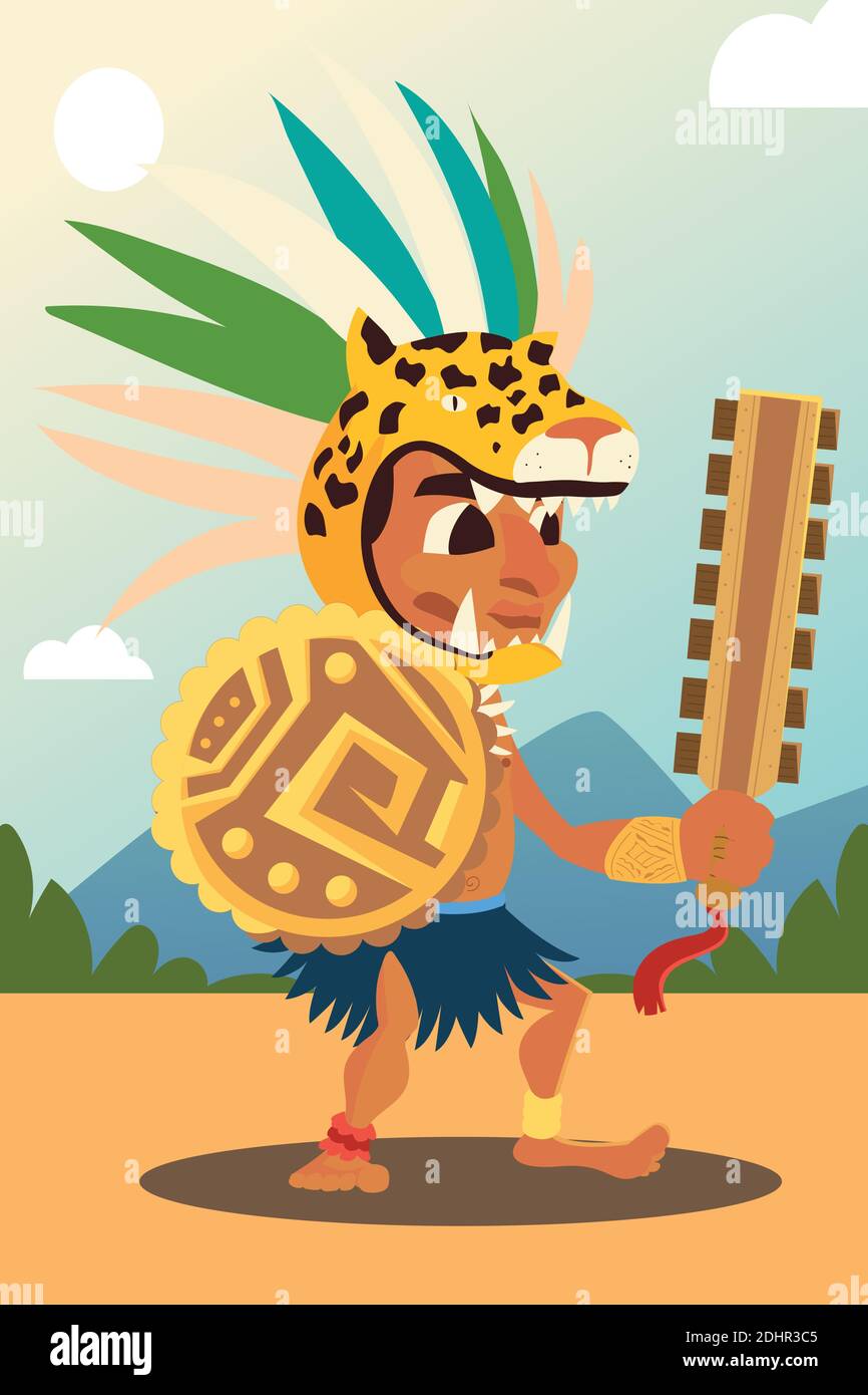 aztec warrior in traditional weapon tribal and headgear vector ...