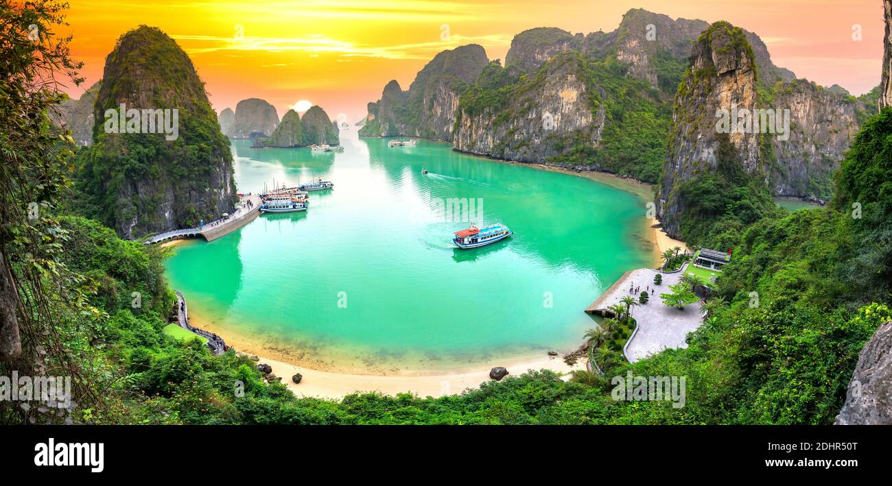 Dreamy sunset landscape Halong Bay, Vietnam view from adove. This is ...