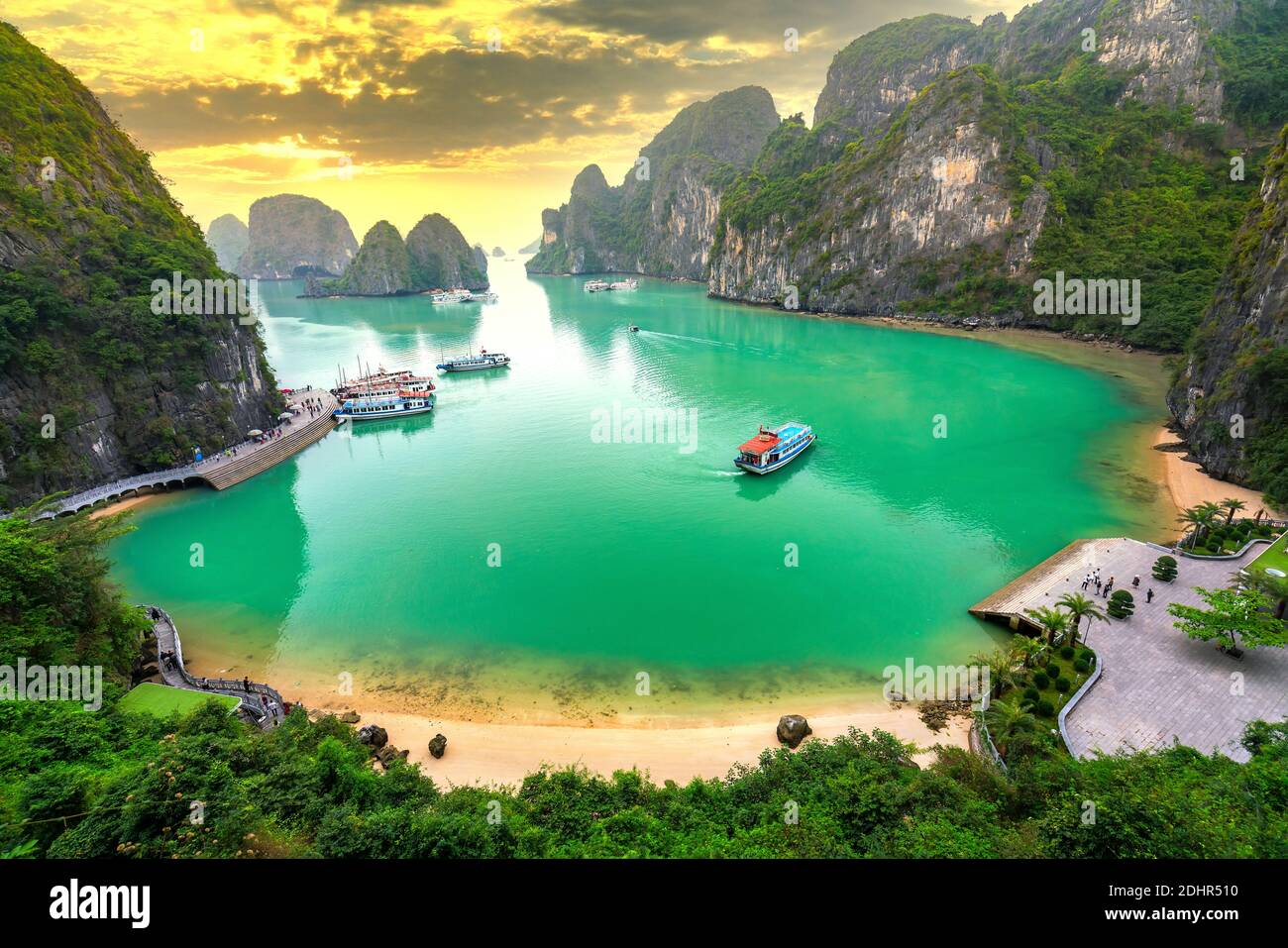 Dreamy sunset landscape Halong Bay, Vietnam view from adove. This is ...