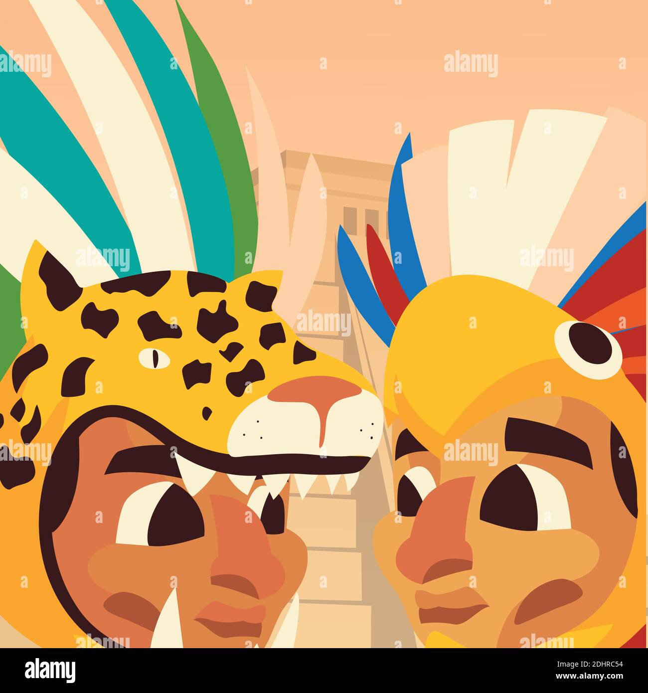 aztec characters with tiger and parrot headdress cartoon vector ...