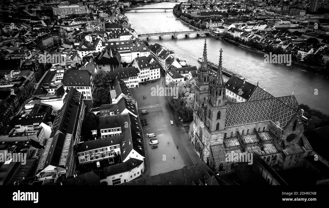 Aerial view over the city of Basel Switzerland and Cathedral Stock ...