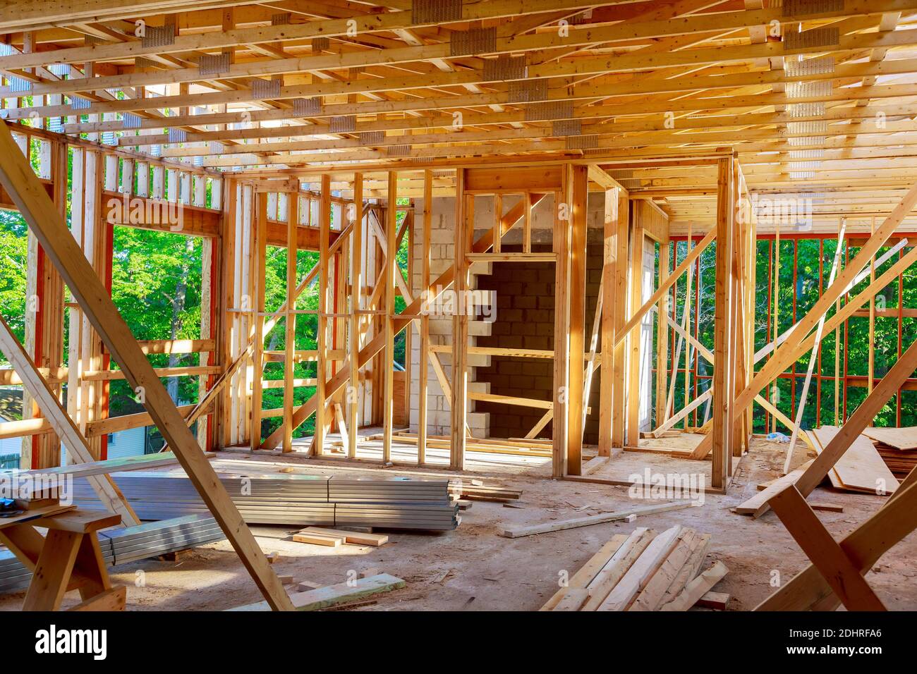 Wooden frame structure house building on a new development framing of ...