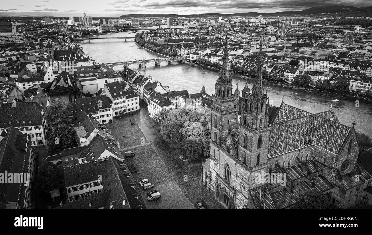 Aerial view over the city of Basel Switzerland and Cathedral Stock ...