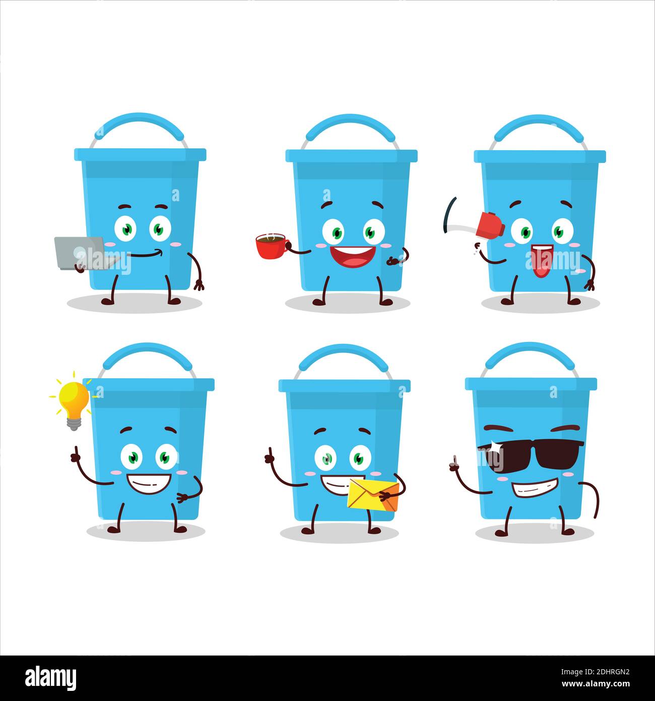 Blue bucket cartoon character with various types of business emoticons ...