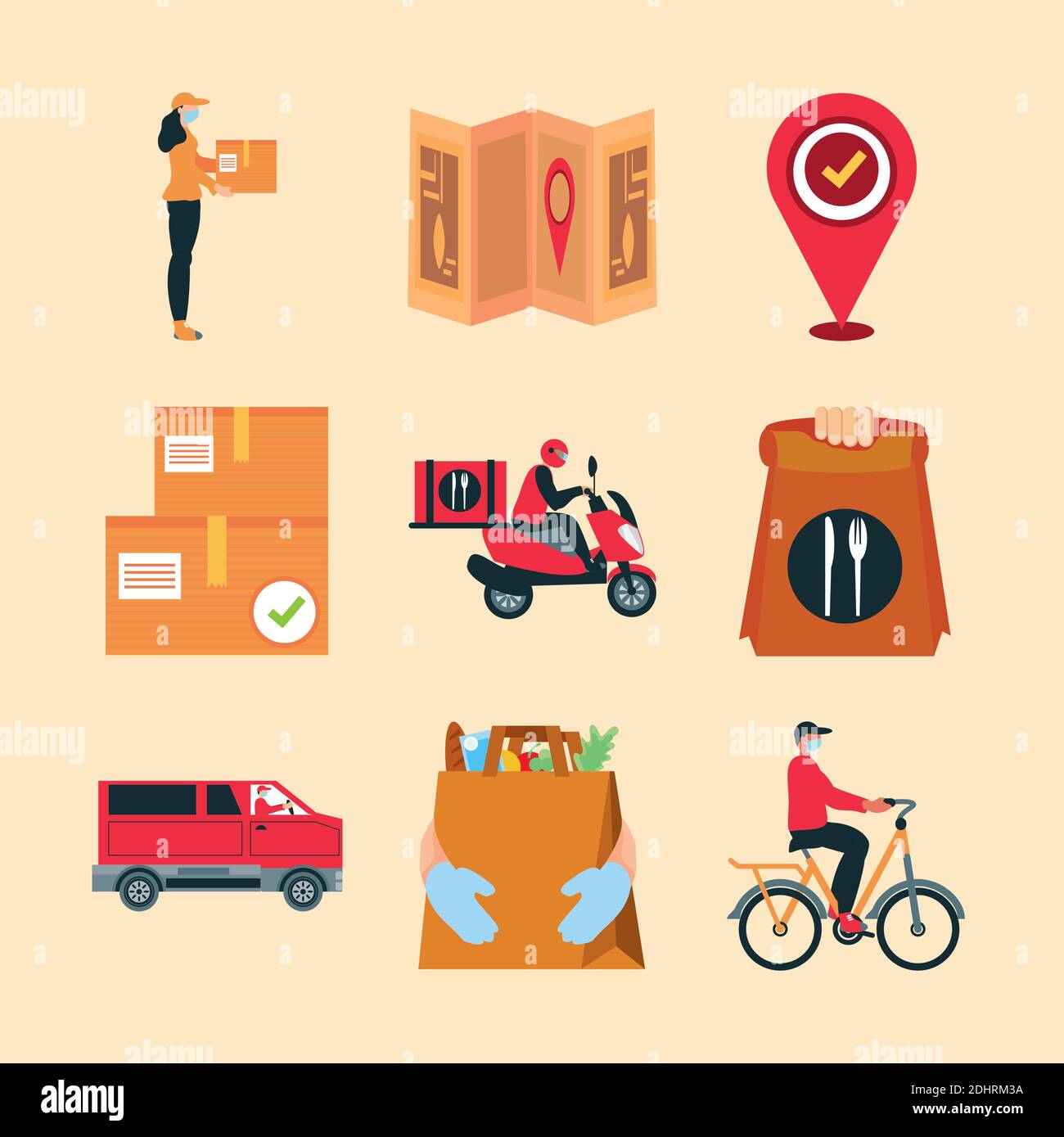 delivery service logistic worker box food and transport icons vector ...