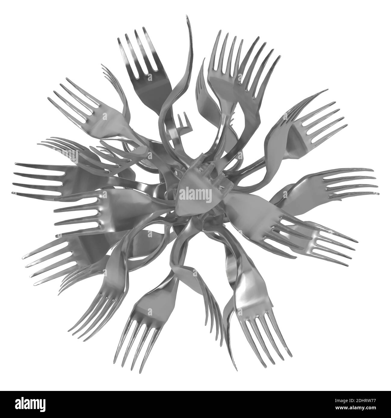 Fork metal ball shape meld, 3d illustration, horizontal, isolated, over ...