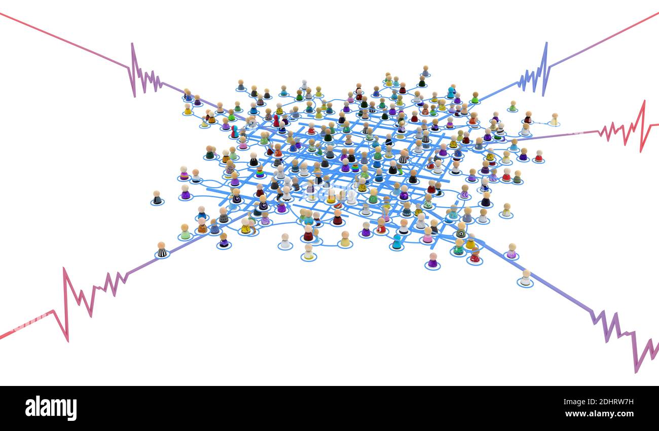 Crowd of small symbolic 3d figures linked by lines, complex layered ...