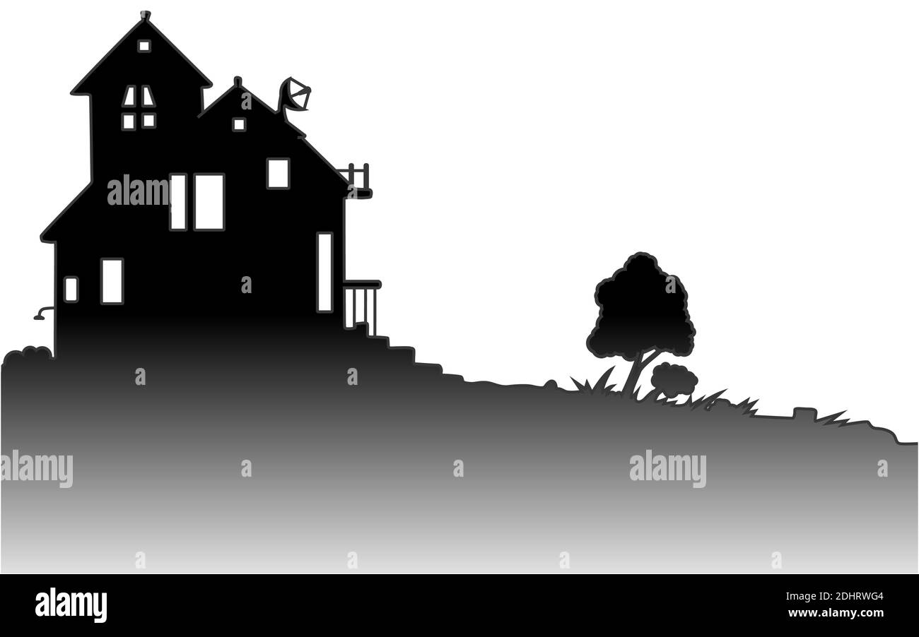 House on hill top silhouette background, cartoon vector illustration ...