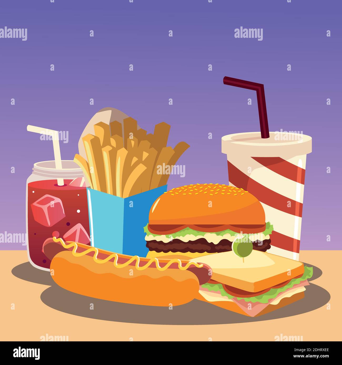 fast food burger hot dog sandwich french fries and soda vector ...