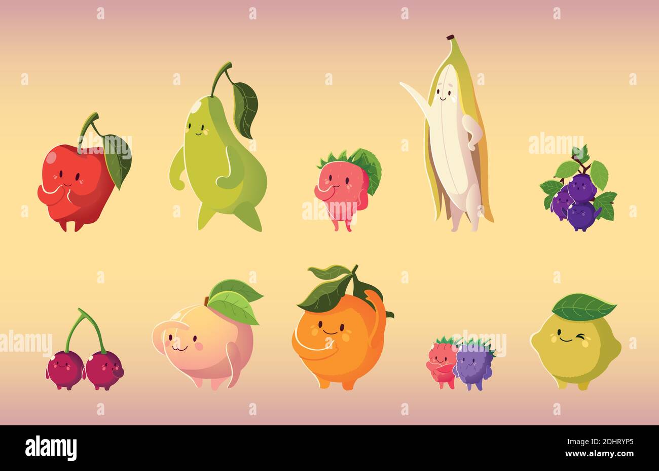 fruits kawaii funny face cartoon apple cherry lemon orange peach pear ...