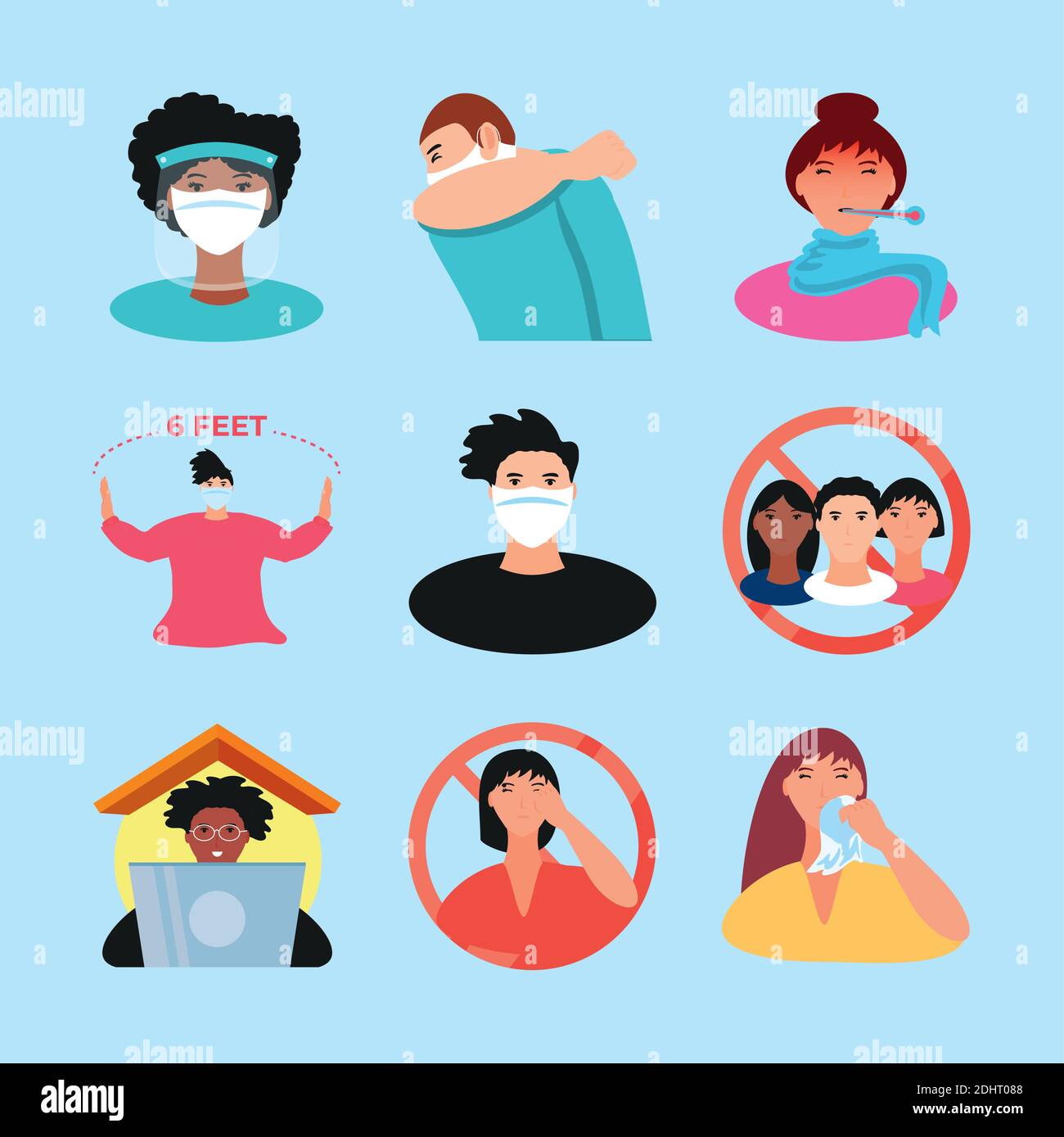 coronavirus covid 19 prevention icons set social distance, avoid ...