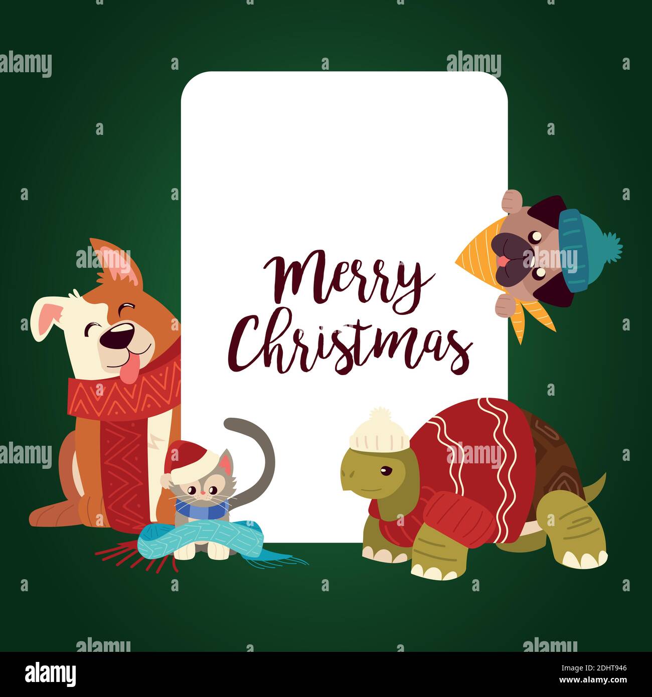 merry christmas greeting card with cute animals wearing winter clothes ...