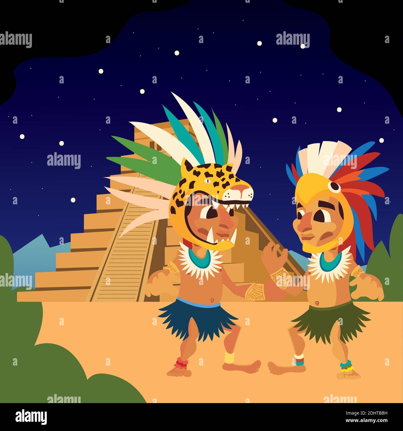 aztec warriors with feathered headdress and pyramid night scene vector ...