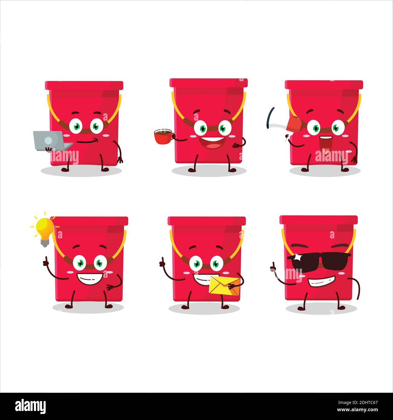 Red bucket cartoon character with various types of business emoticons ...