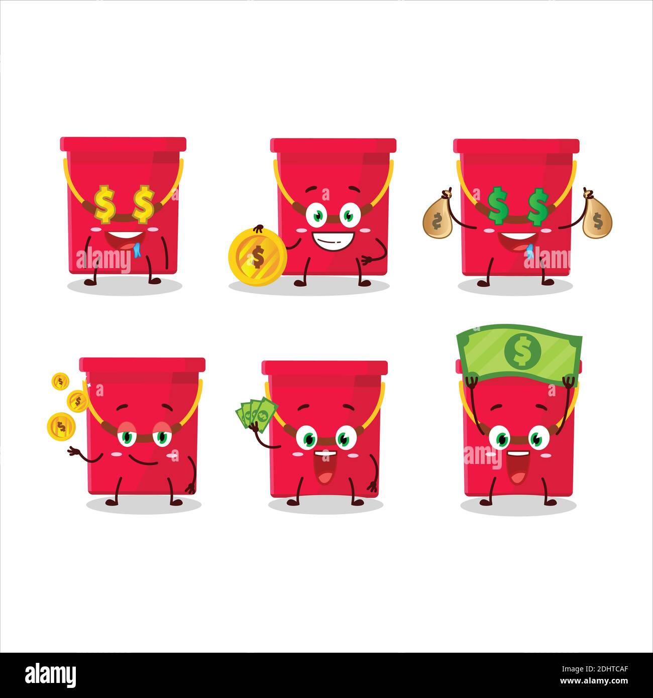 Red bucket cartoon character with cute emoticon bring money. Vector ...