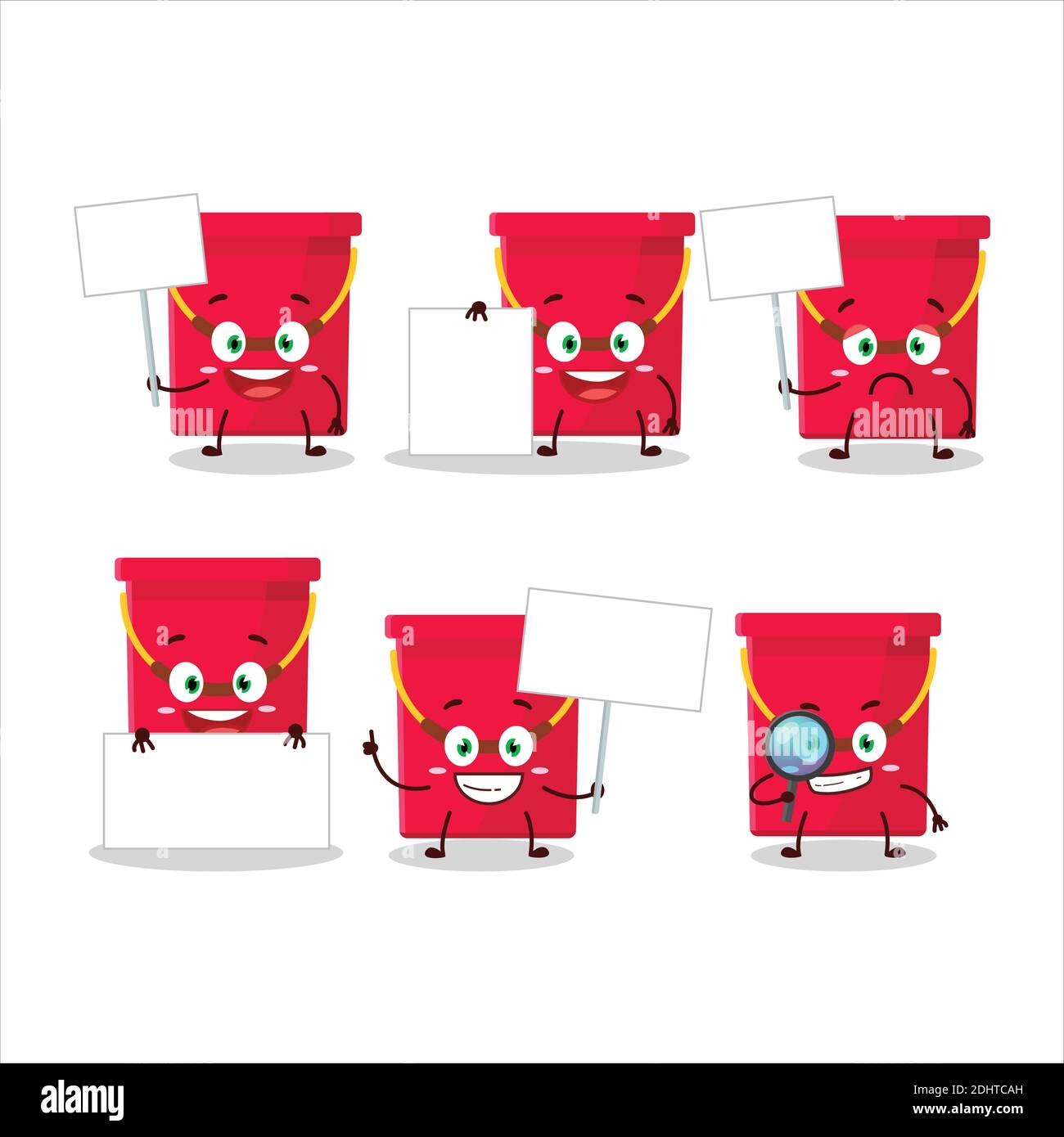 Red bucket cartoon character bring information board. Vector ...