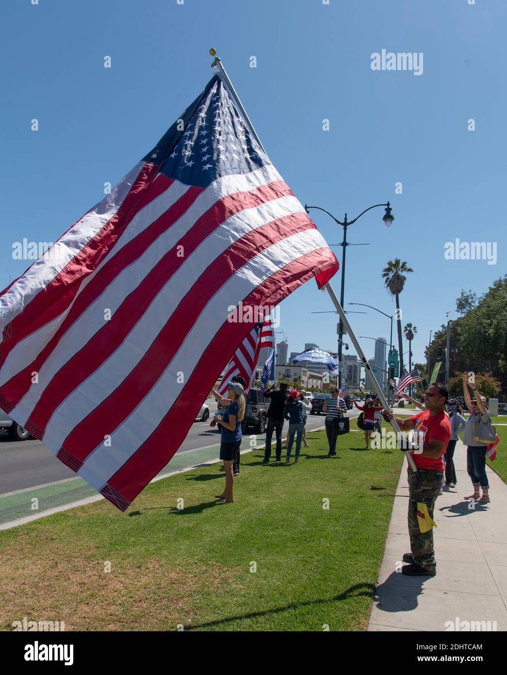 Beverly Hills, CA/USA - Aug 1, 2020: American flags fly at a patriotic ...