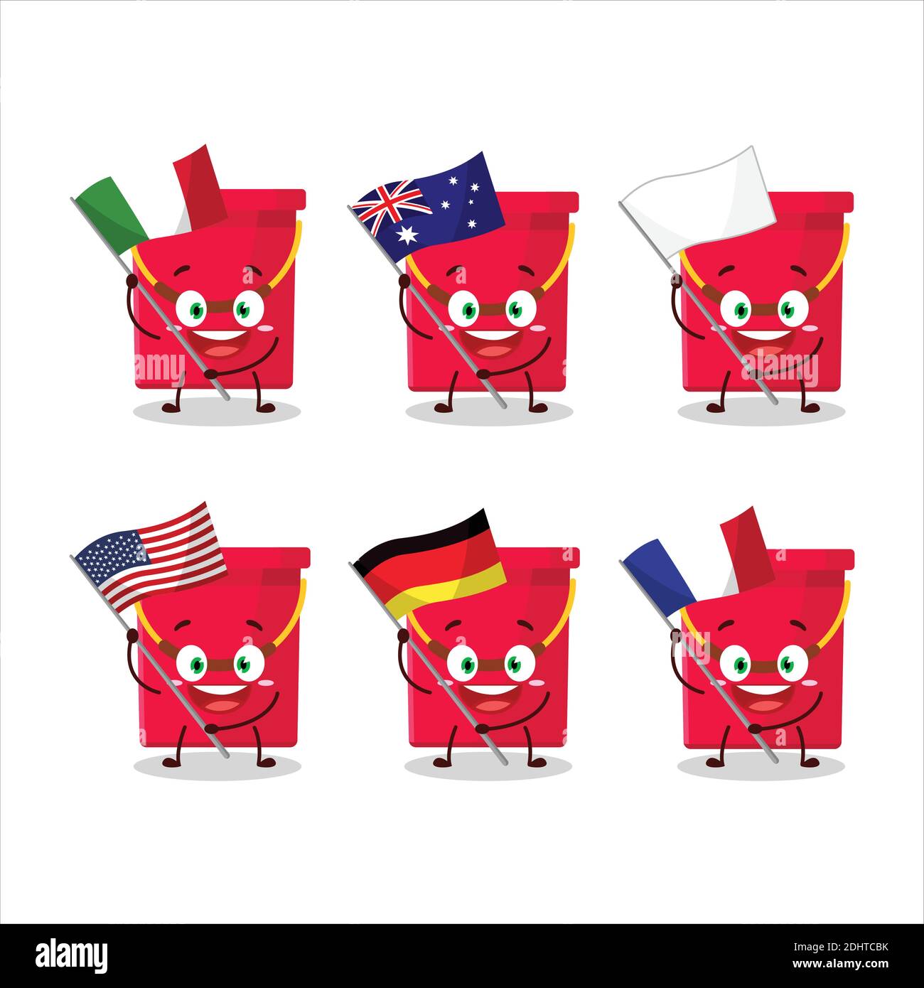 Red bucket cartoon character bring the flags of various countries ...
