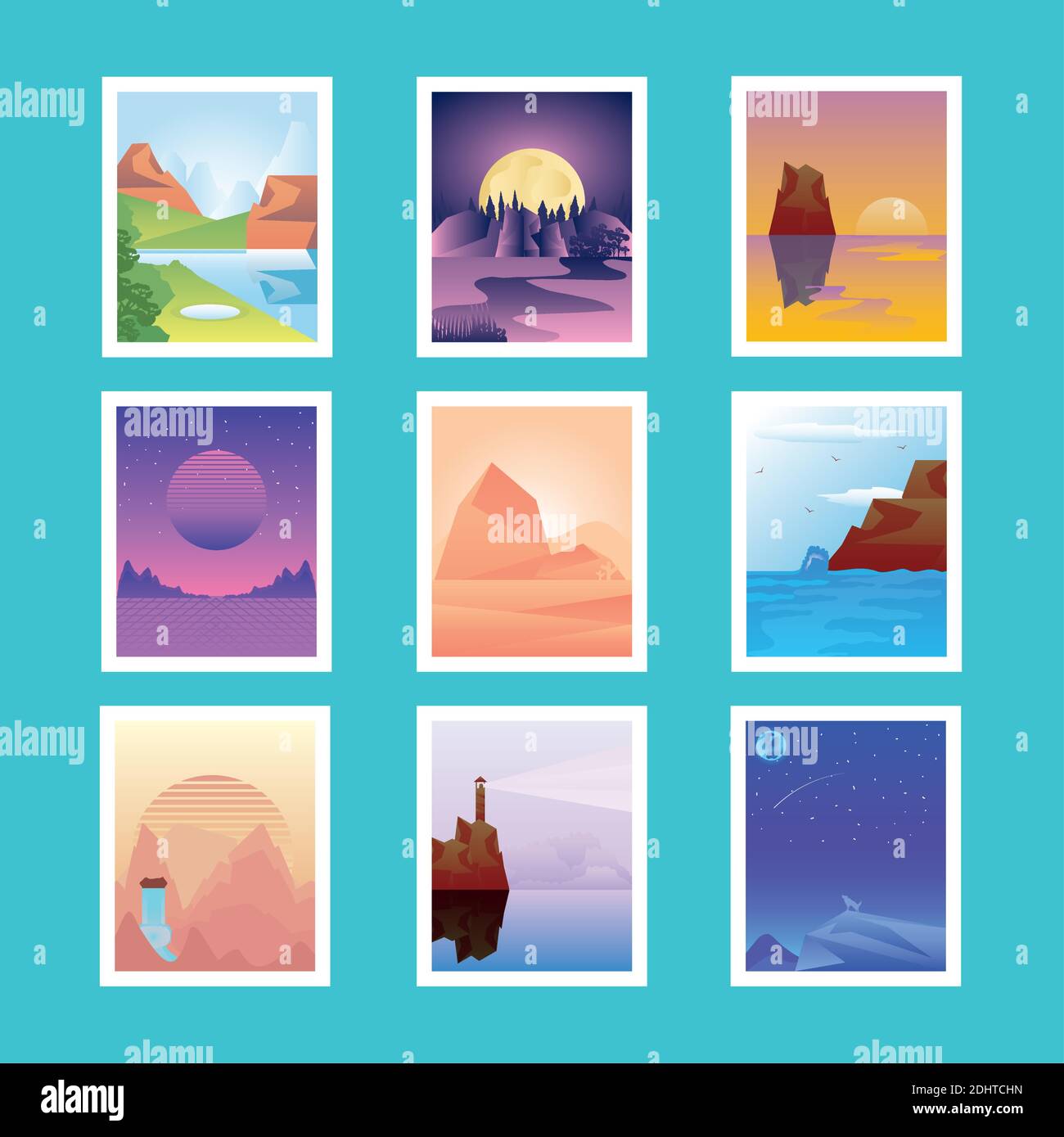 different landscapes icons set pictures nature scene vector ...