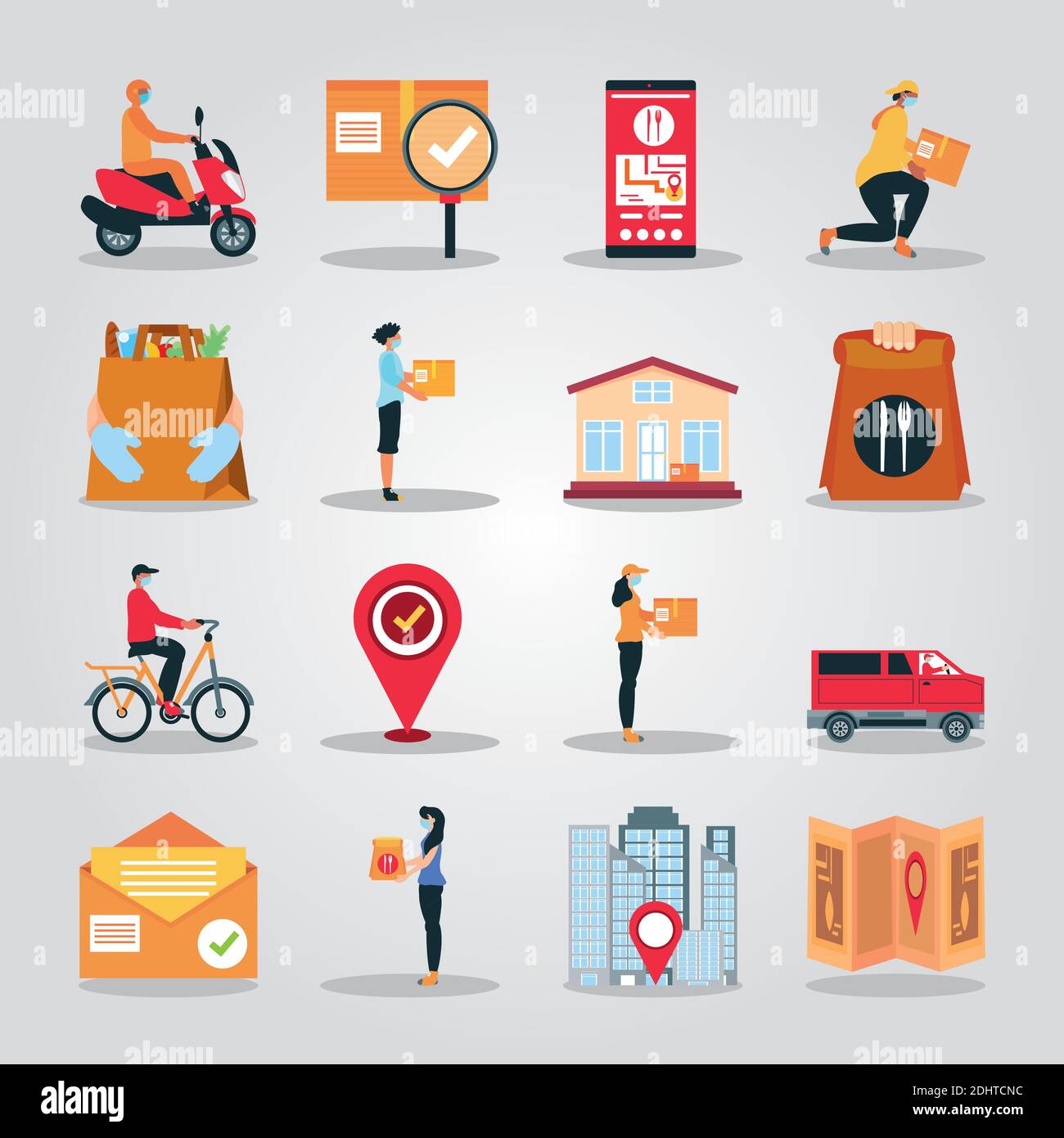 delivery icon set with online service transport logistic food grocery ...