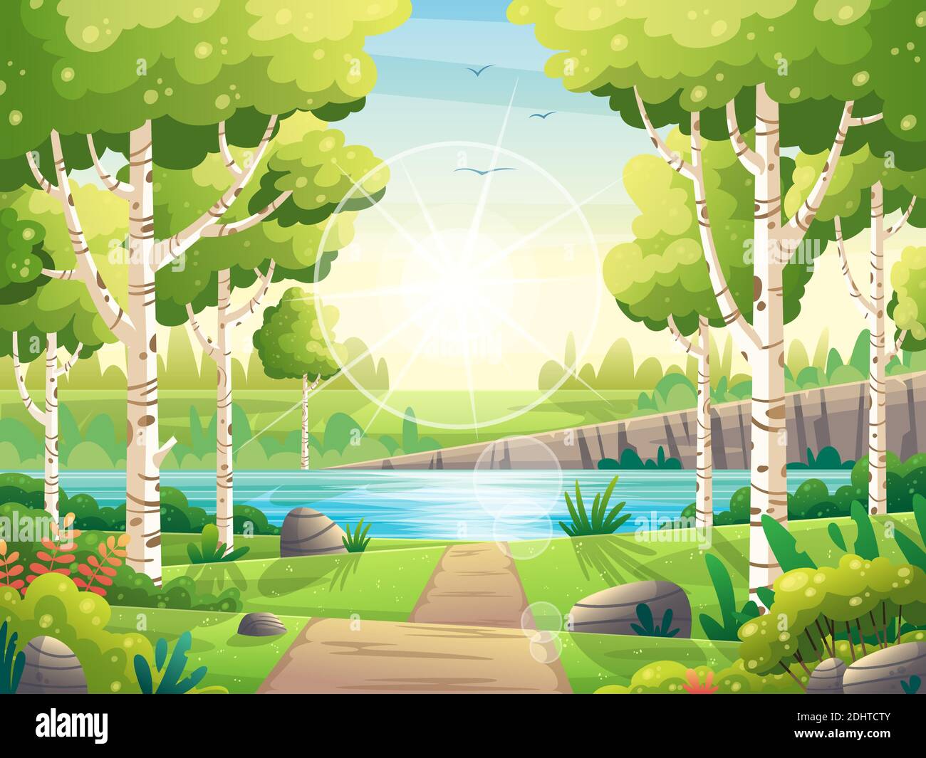 Sunny spring landscape. Vector illustration with separate layers Stock ...