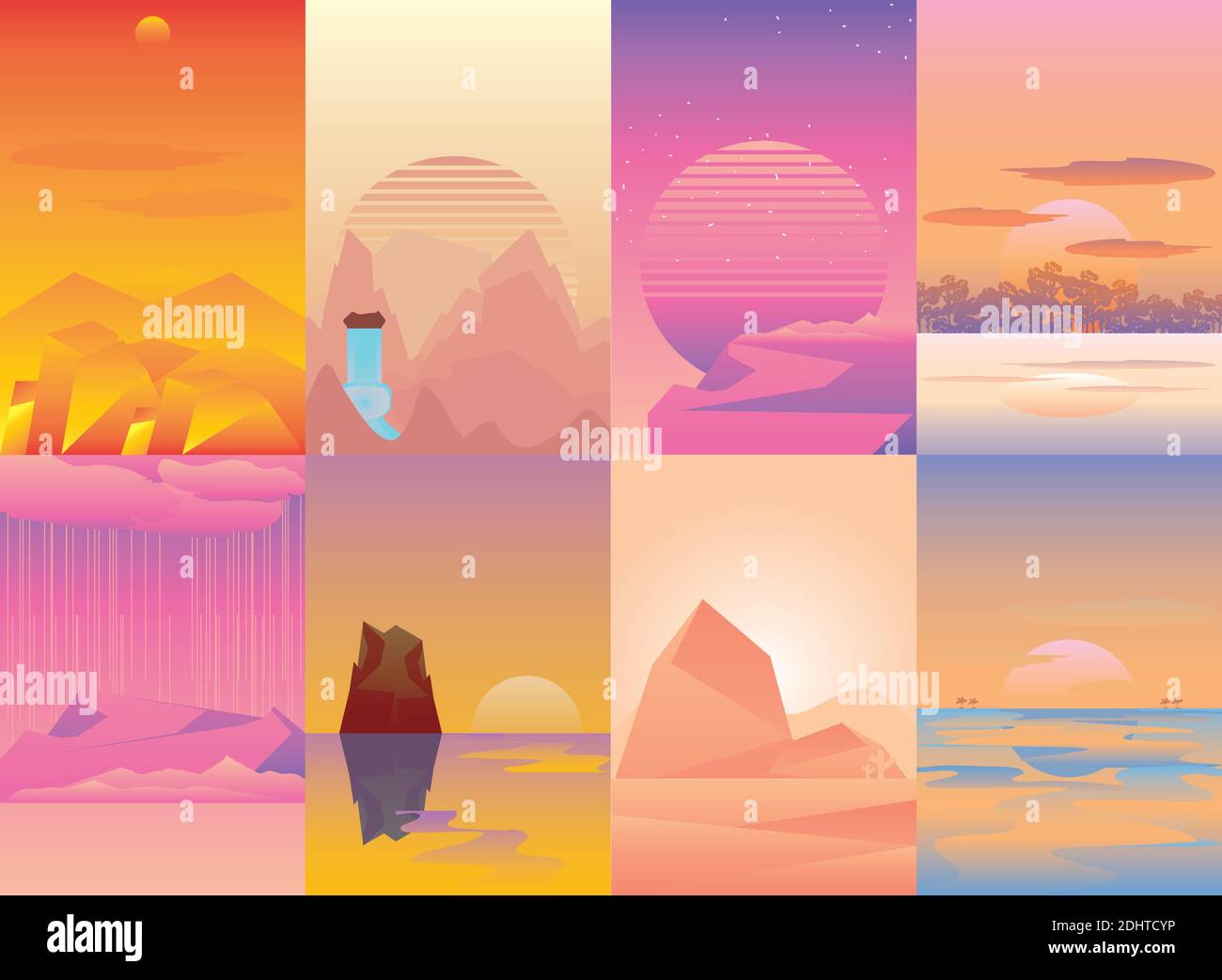 landscapes desert sunset summer nature set panoramic vector ...