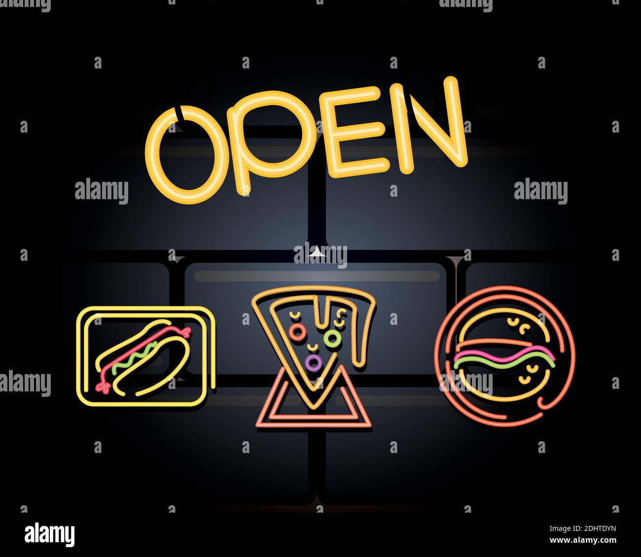 open restaurant fast food neon sign icon on black bricks background ...