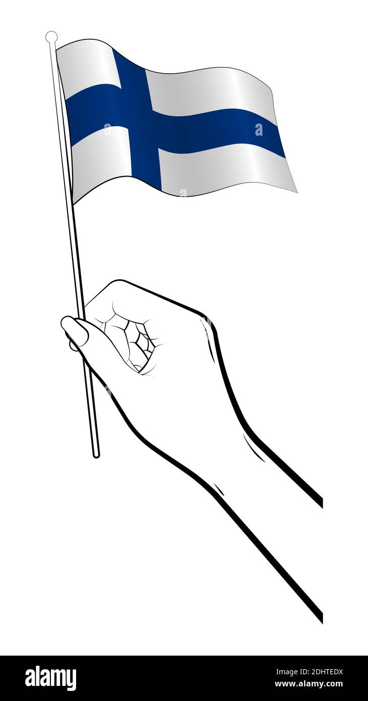 Female hand gently holds the small flag of Finland with her fingers ...