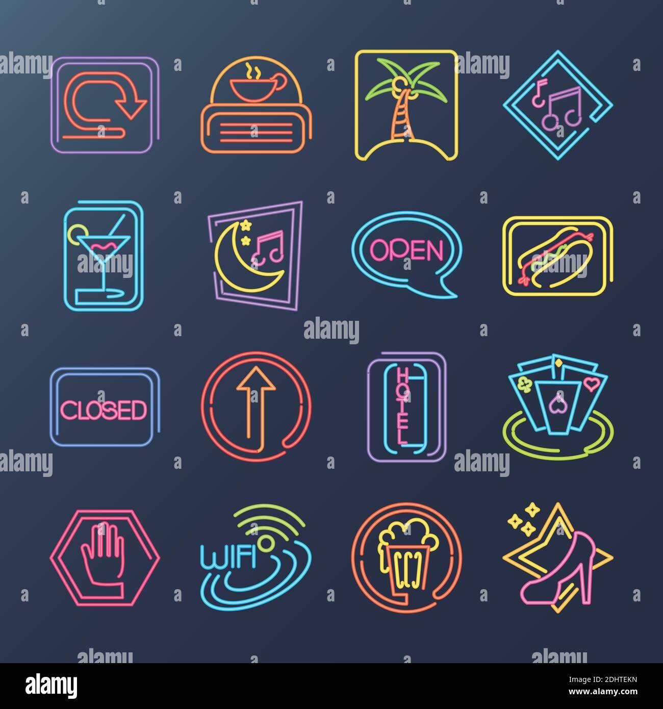 neon signs pack icons with fast food restaurant, bar music and more ...