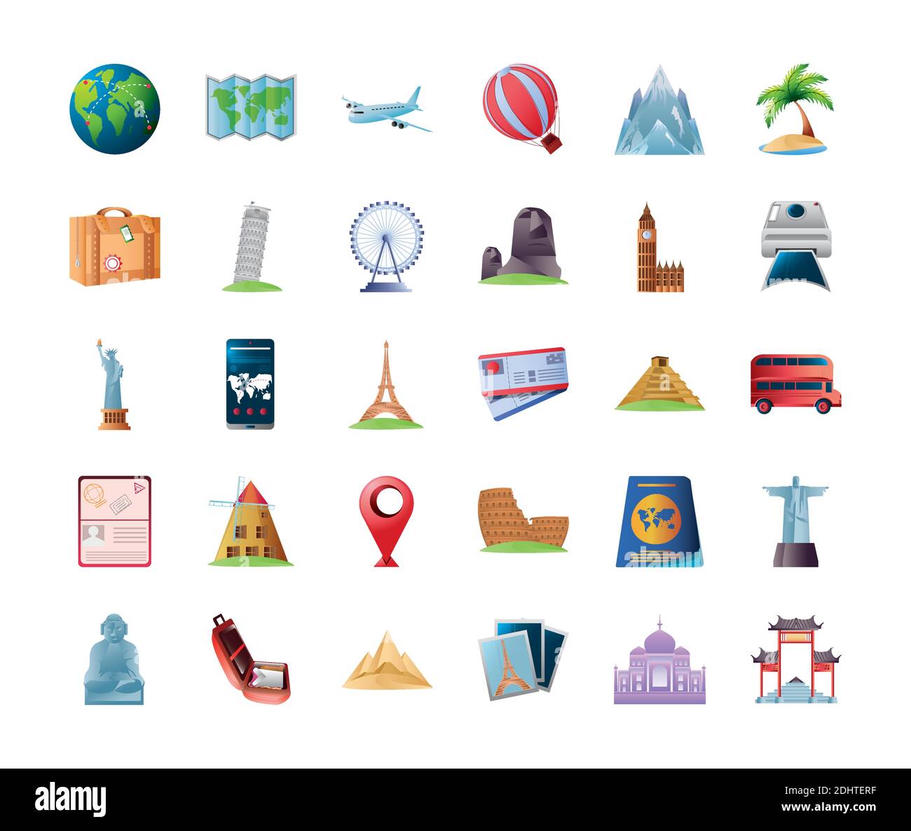 travel tourism vacation adventure icons include world map tickets plane ...