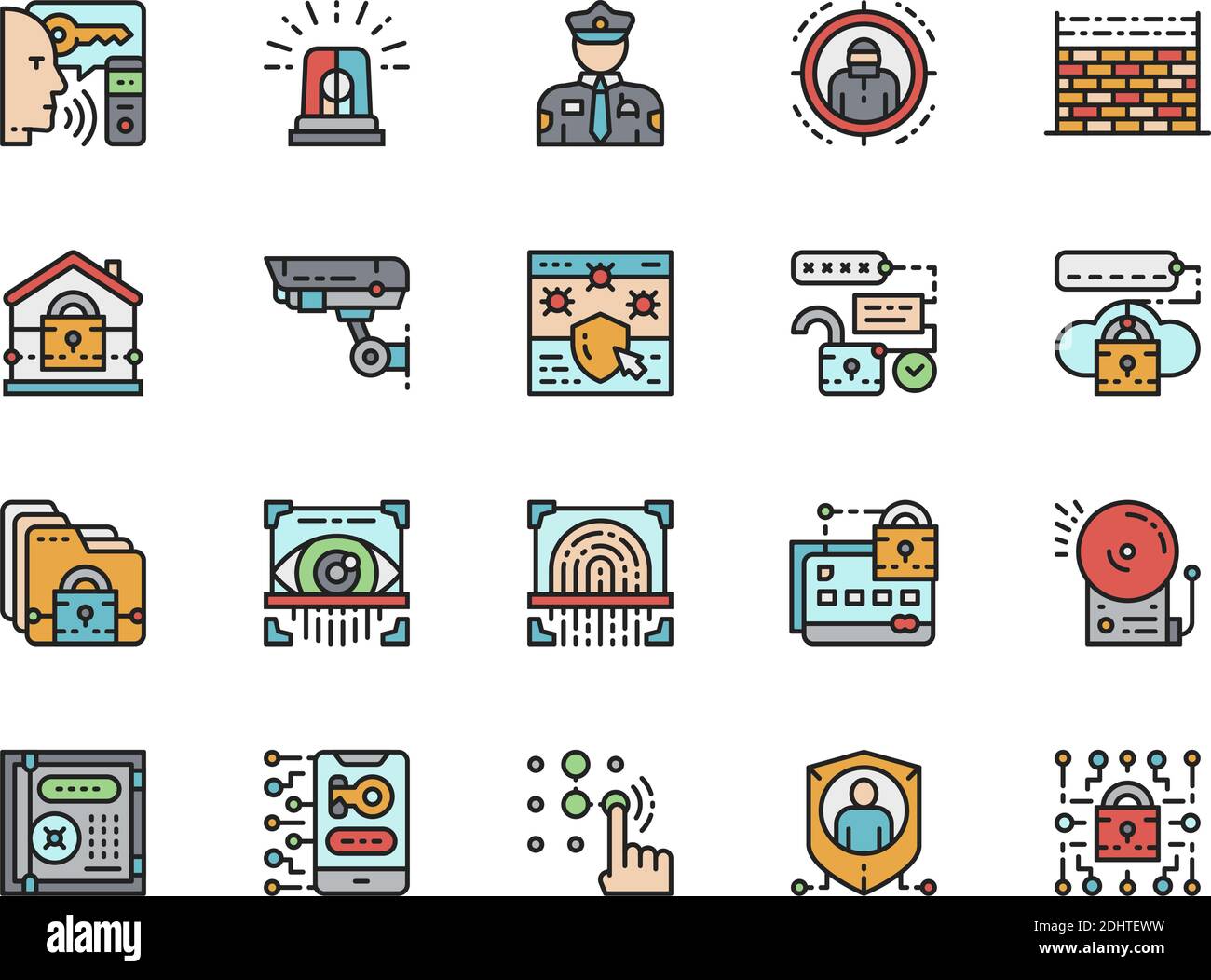 Set of Security Color Line Icons. Police, Protection, Cryptography and ...