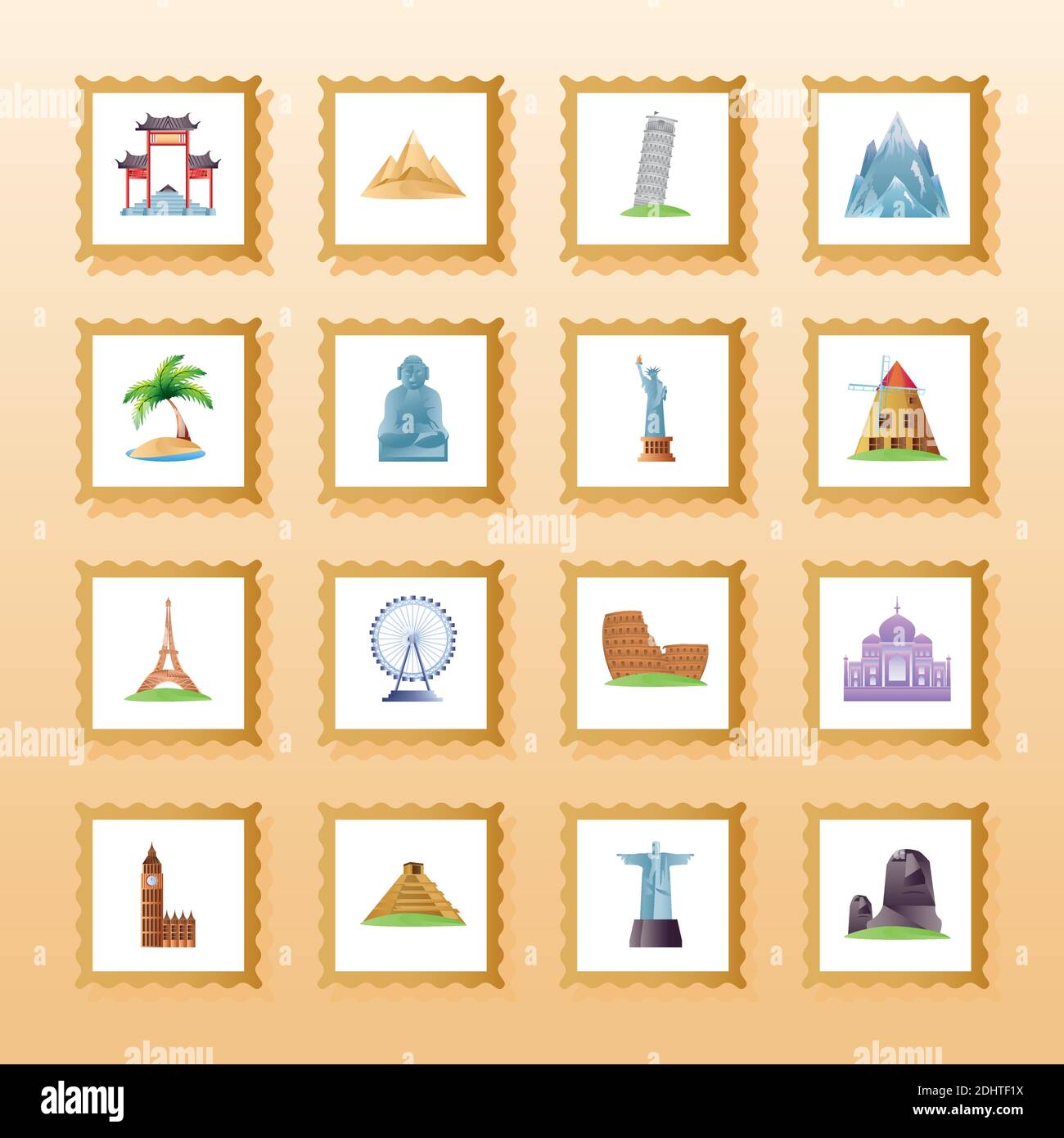 traveling, tourism and vacation stamp monument landmark world icons ...