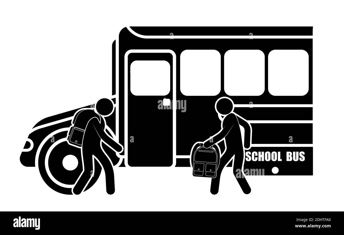 Stick figure, schoolchildren with backpacks approach the American ...