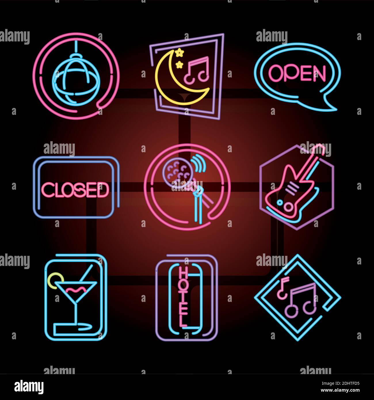 Neon Sign Icons Set Night Club Disco And Karaoke Vector Illustration