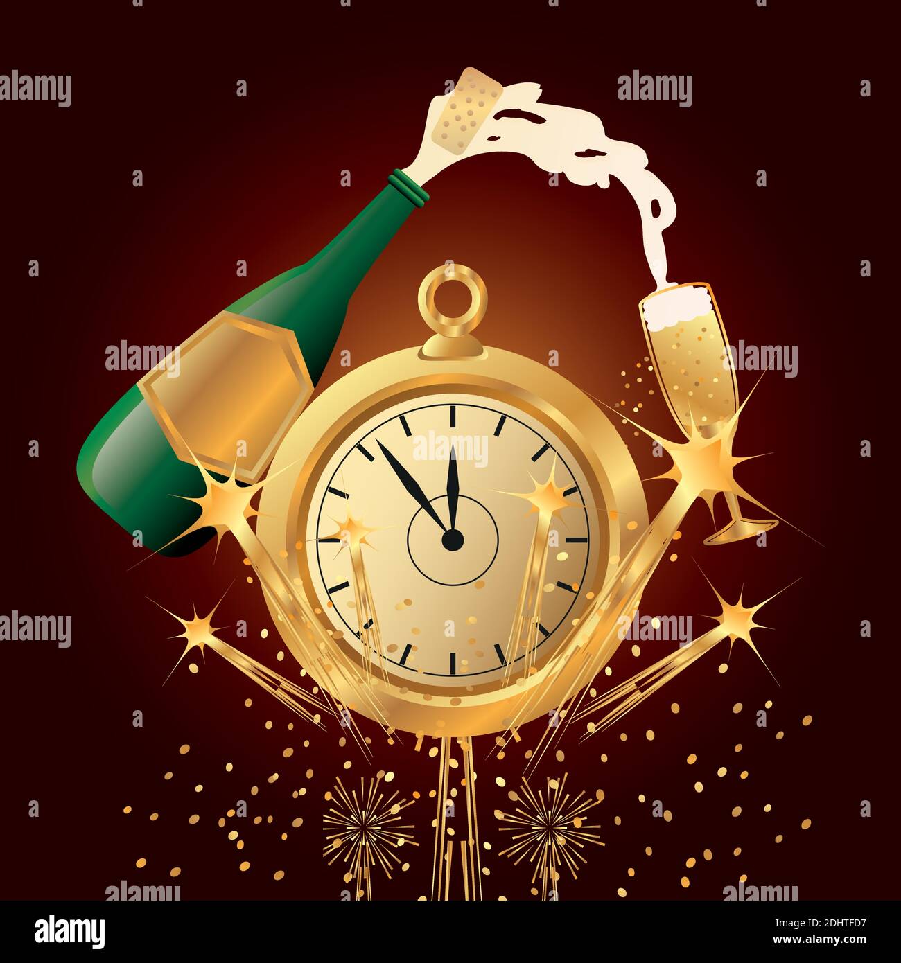 happy new year golden clock fireworks champagne celebration card vector ...