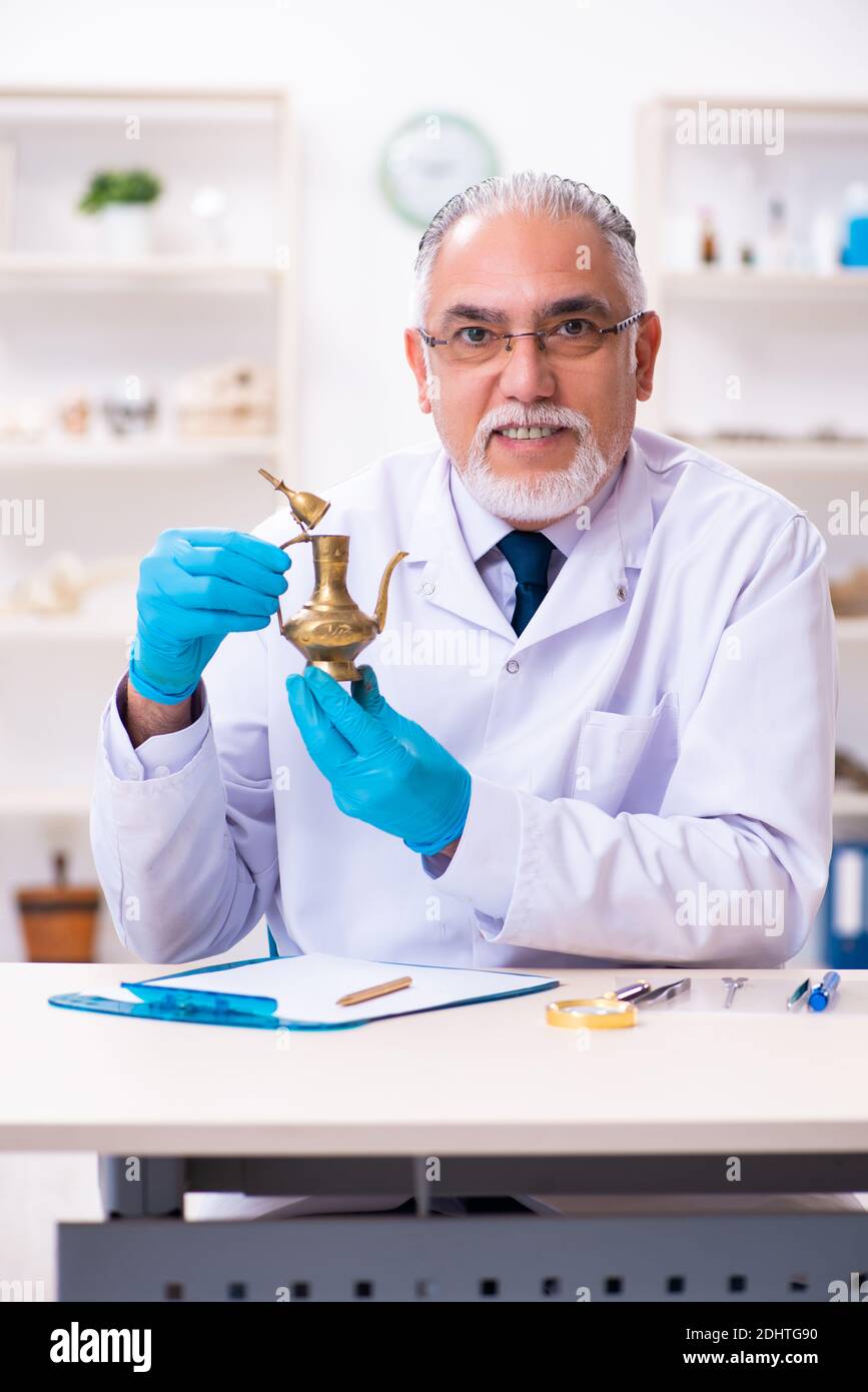 Old male archaeologist working in the lab Stock Photo - Alamy