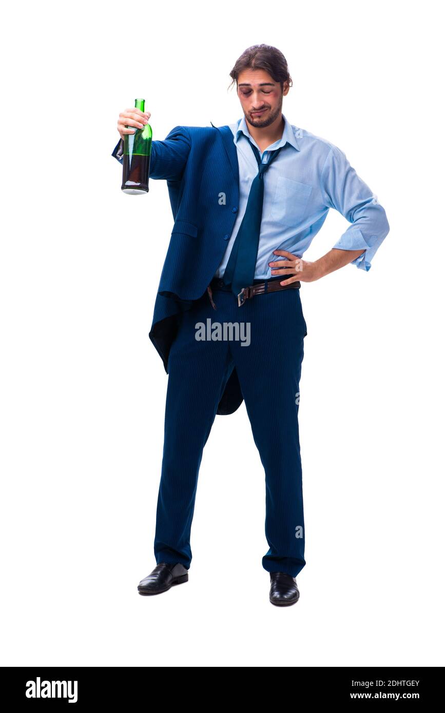 Young employee alcoholic isolated on white Stock Photo - Alamy