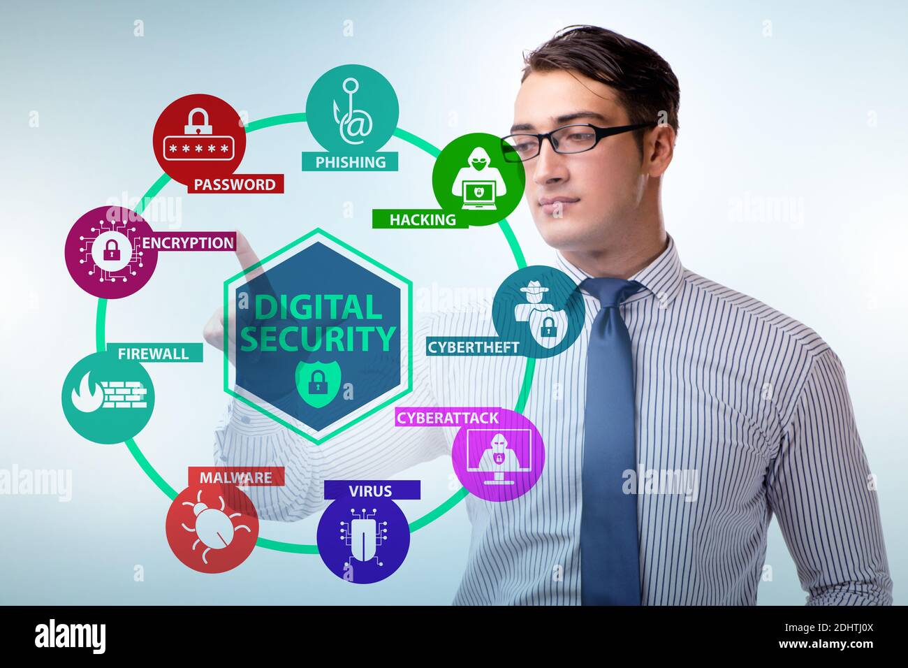 Digital security concept with the businessman pressing button Stock Photo - Alamy