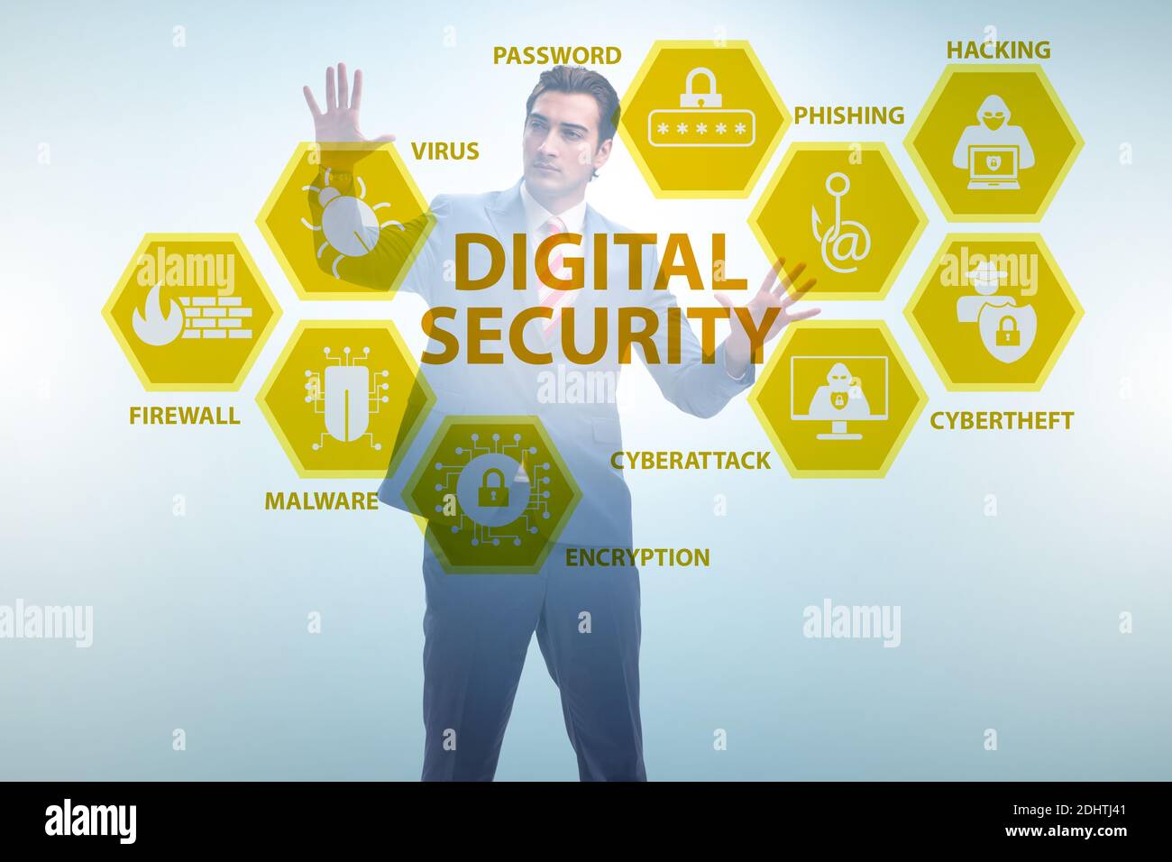 Digital security concept with the businessman pressing button Stock ...