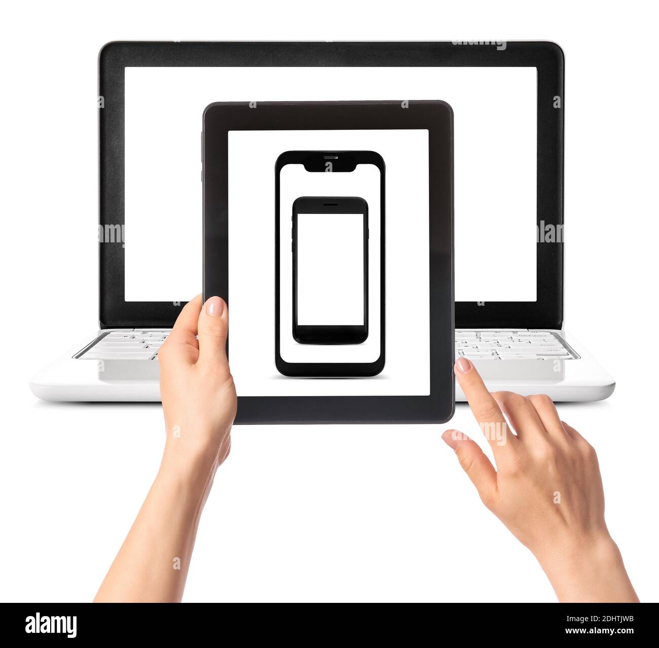 Collage of modern devices and female hands on white background Stock ...