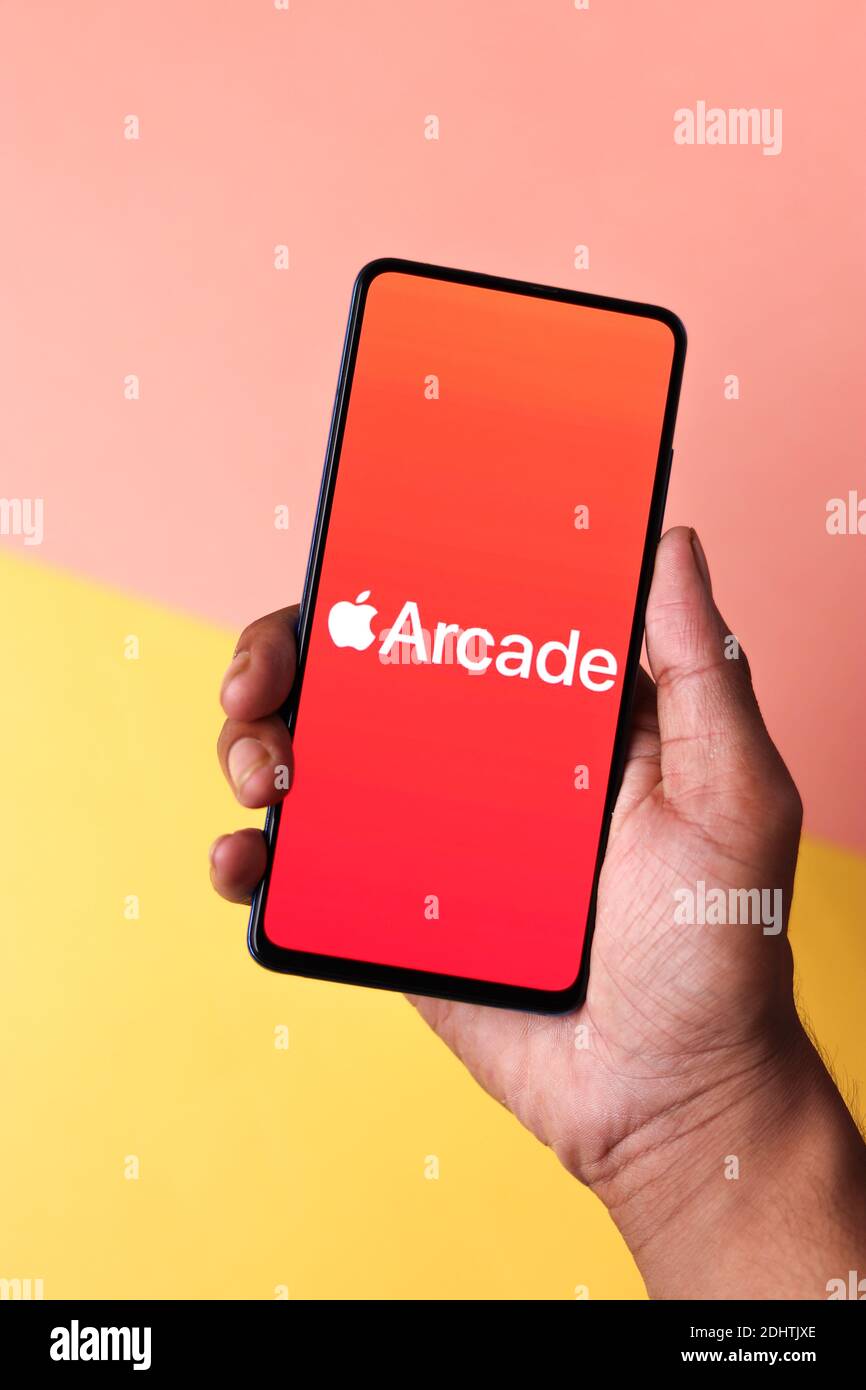 Assam, india - September 25, 2020 : Apple Arcade logo on phone screen ...