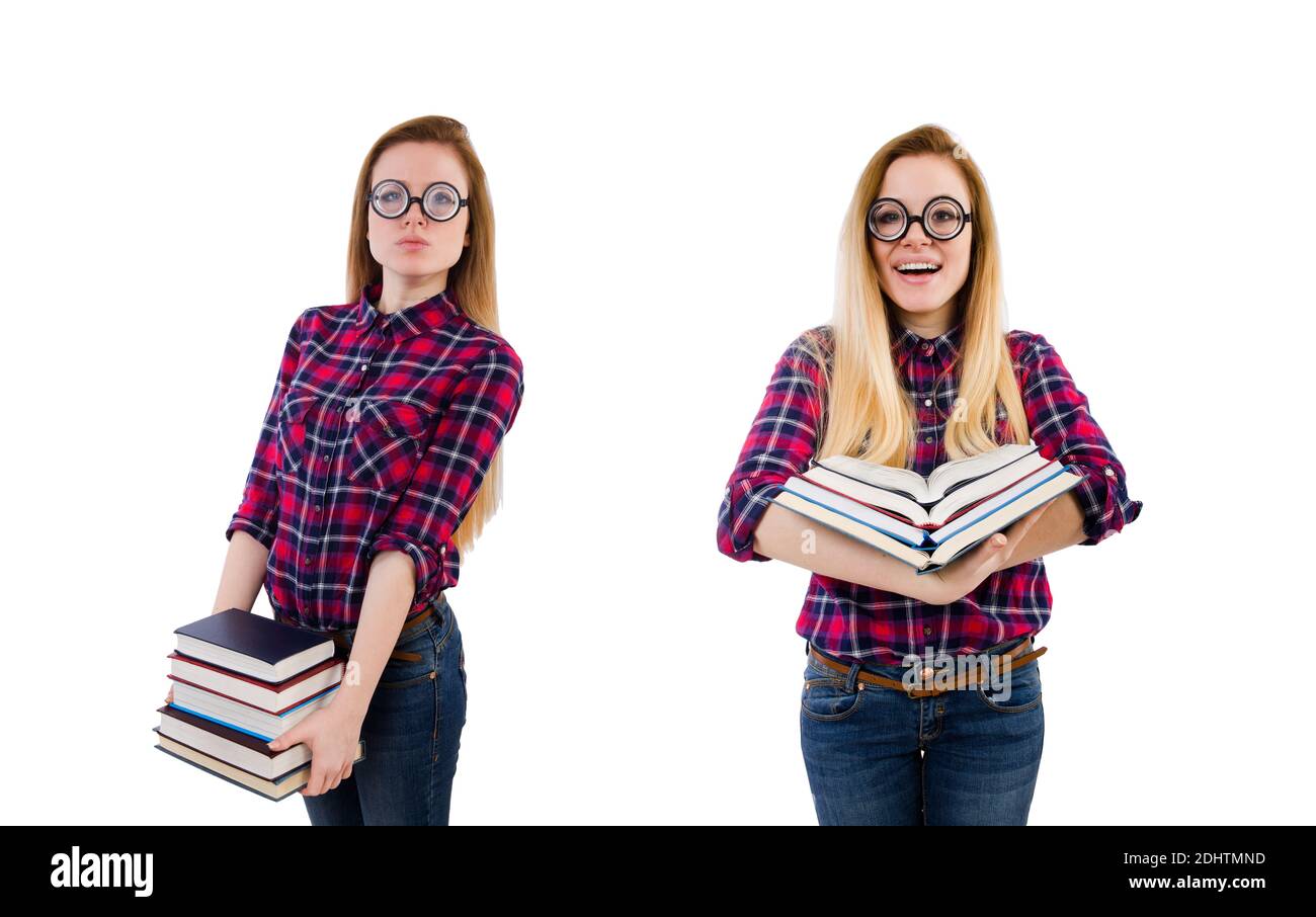 The funny student with stack of books Stock Photo - Alamy