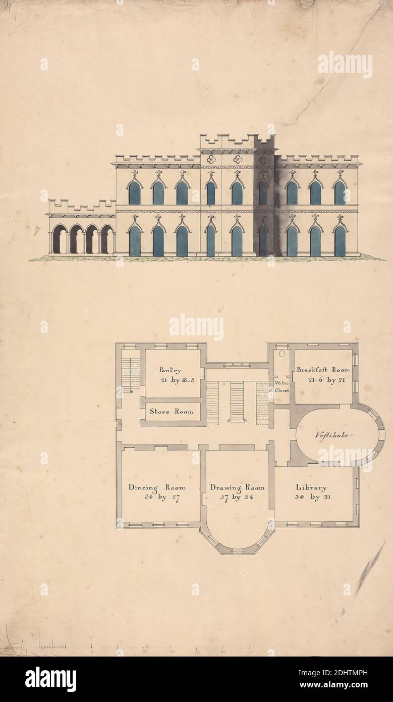Design for Clifton Castle, Yorkshire: Plan and Elevation in the Gothic ...