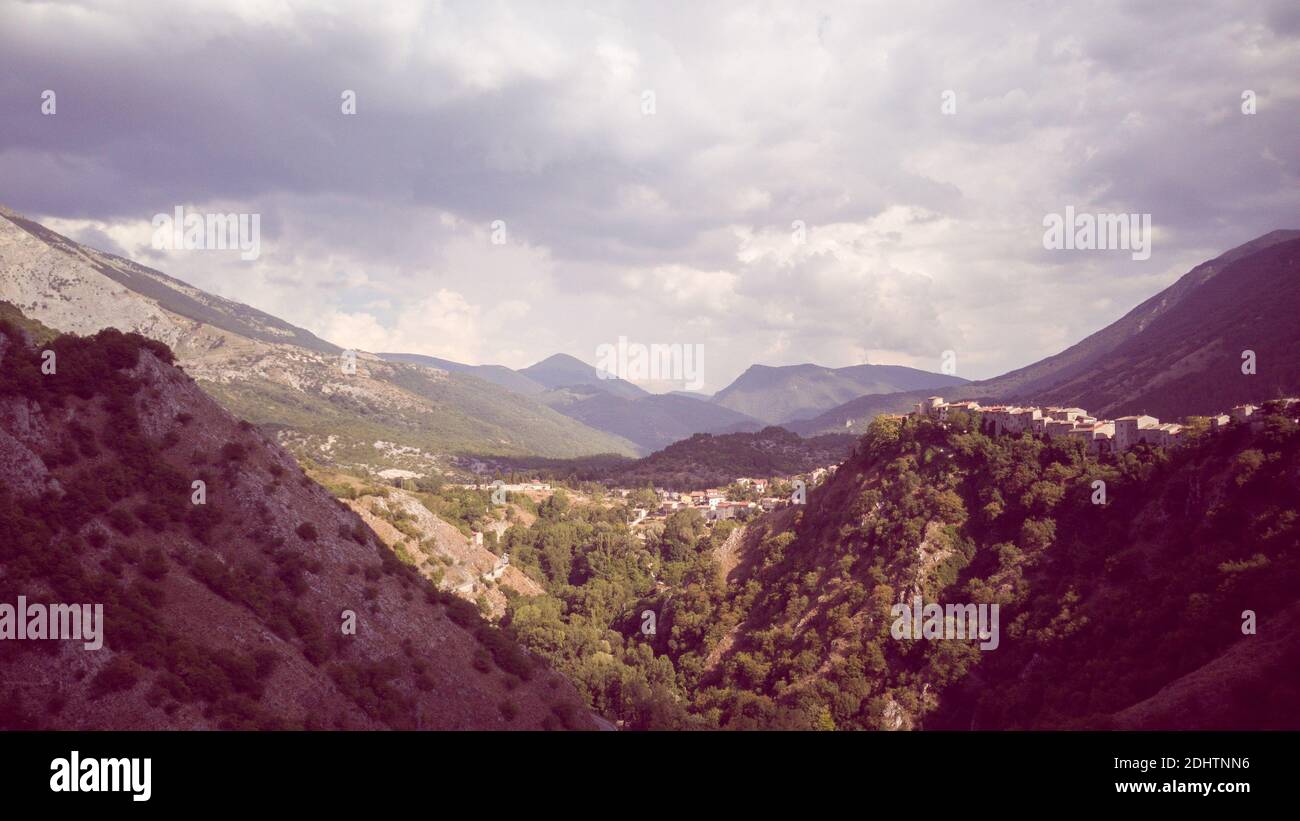 drone view of the mountains in the municipality of Villalago in the ...