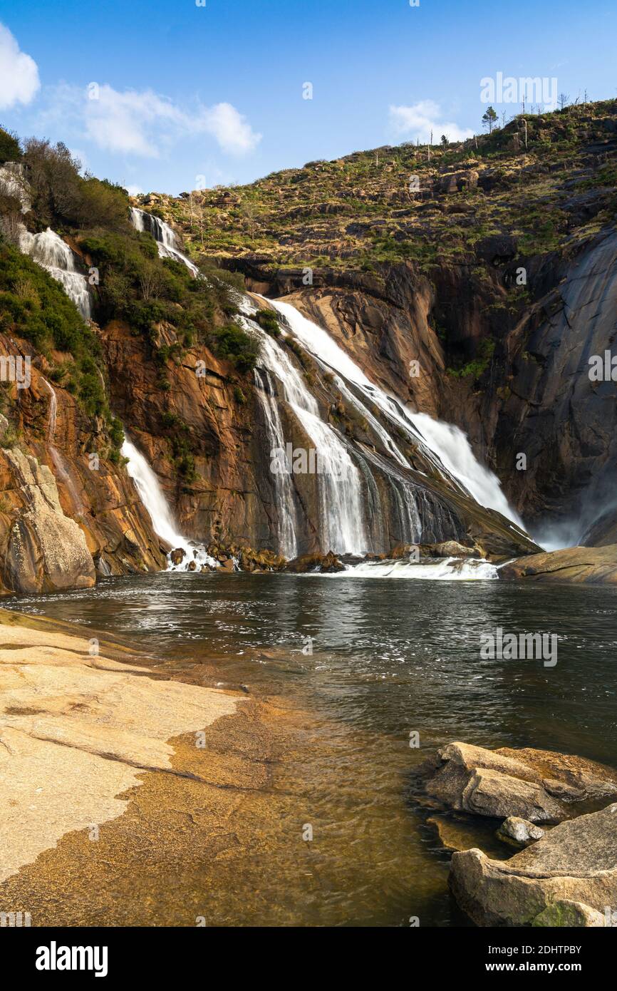 A view of the Ezaro Waterfalls in western Galicia in northern Spain ...
