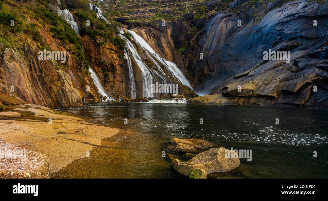 A view of the Ezaro Waterfalls in western Galicia in northern Spain ...