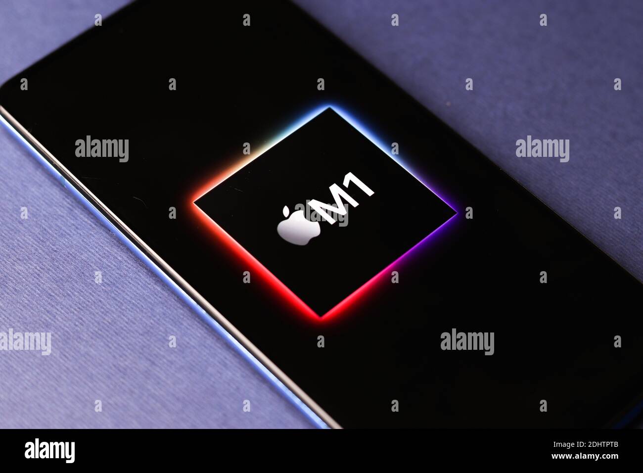 Assam, india - December 20, 2020 : Apple M1 logo on phone screen stock ...