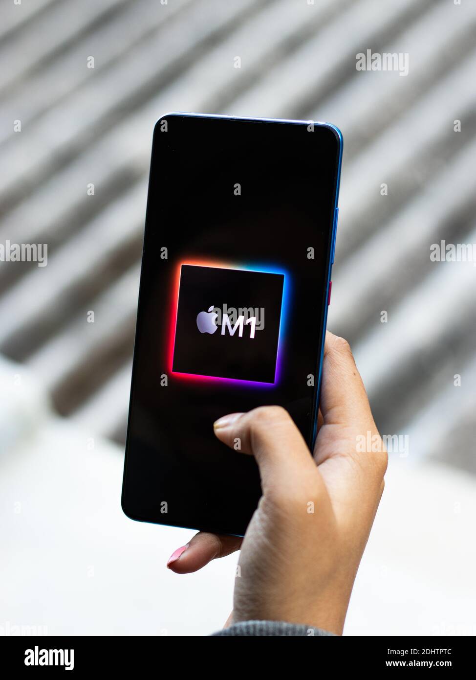 Assam, india - December 20, 2020 : Apple M1 logo on phone screen stock ...