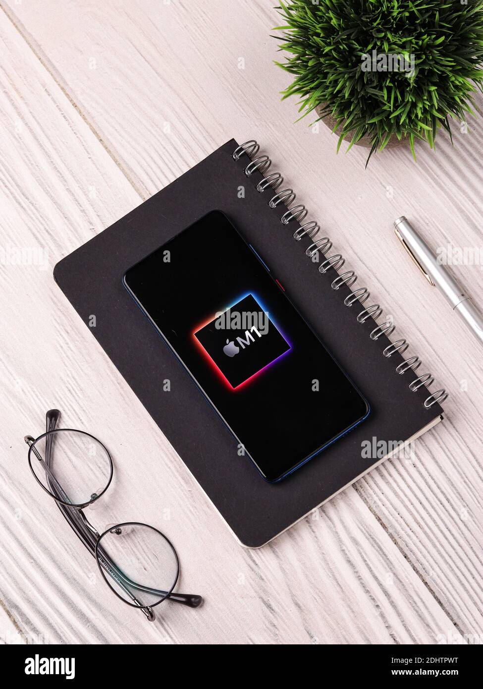 Assam, india - December 20, 2020 : Apple M1 logo on phone screen stock ...