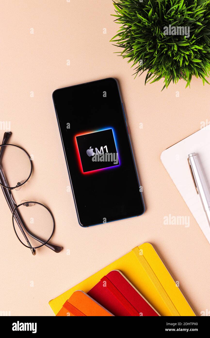 Assam, india - December 20, 2020 : Apple M1 logo on phone screen stock ...